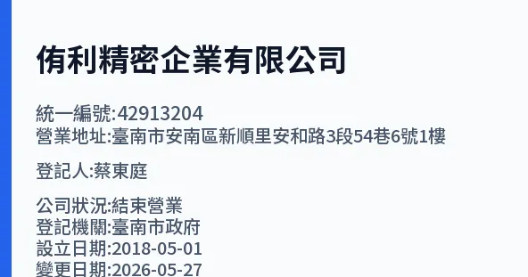 侑利精密企業有限公司的照片-統編 42913204(臺南市) 公司登記資料與營業項目詳細圖表