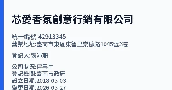 芯愛香氛創意行銷有限公司的照片-統編 42913345(臺南市) 公司登記資料與營業項目詳細圖表