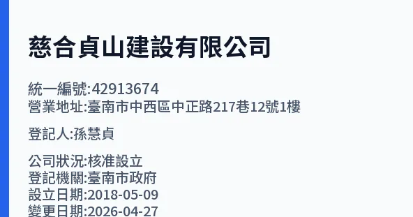 慈合貞山建設有限公司的照片-統編 42913674(臺南市) 公司登記資料與營業項目詳細圖表