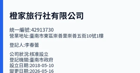 橙家旅行社有限公司的照片-統編 42913730(臺南市) 公司登記資料與營業項目詳細圖表