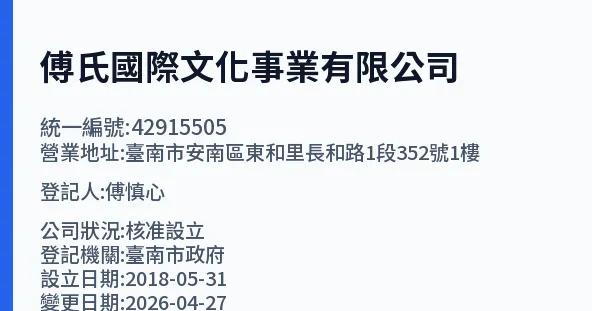傅氏國際文化事業有限公司的照片-統編 42915505(臺南市) 公司登記資料與營業項目詳細圖表