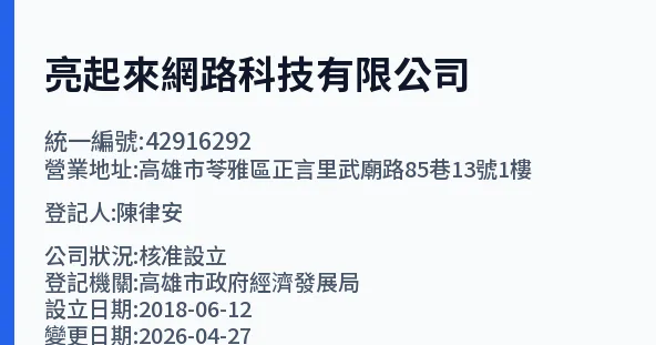 亮起來網路科技有限公司的照片-統編 42916292(高雄市) 公司登記資料與營業項目詳細圖表