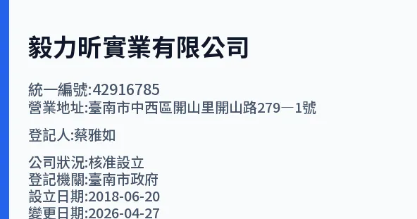 毅力昕實業有限公司的照片-統編 42916785(臺南市) 公司登記資料與營業項目詳細圖表