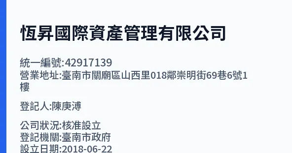 恆昇國際資產管理有限公司的照片-統編 42917139(臺南市) 公司登記資料與營業項目詳細圖表