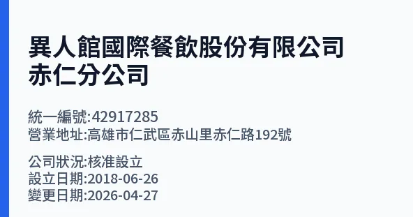 異人館國際餐飲股份有限公司赤仁分公司的照片-統編 42917285(高雄市) 公司登記資料與營業項目詳細圖表