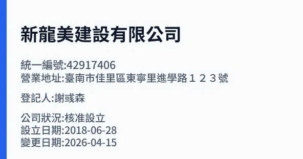 新龍美建設有限公司的照片-統編 42917406(臺南市) 公司登記資料與營業項目詳細圖表
