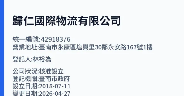歸仁國際物流有限公司的照片-統編 42918376(臺南市) 公司登記資料與營業項目詳細圖表