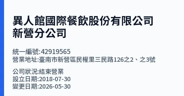 異人館國際餐飲股份有限公司新營分公司的照片-統編 42919565(臺南市) 公司登記資料與營業項目詳細圖表