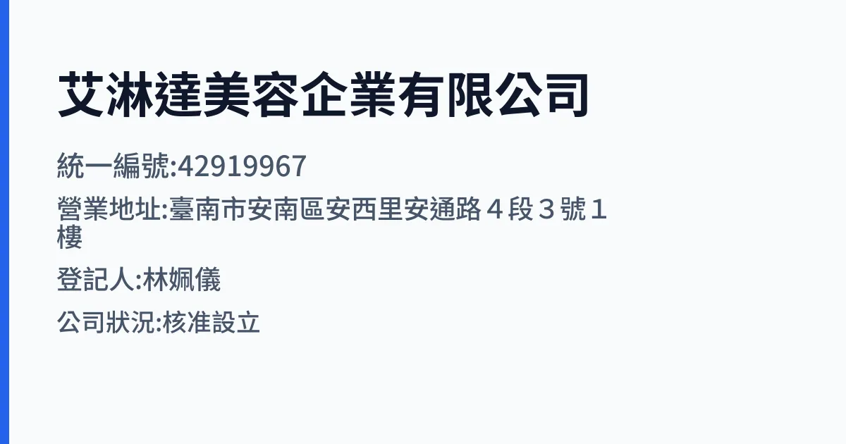 艾淋達美容企業有限公司 - 統編 42919967(臺南市) 公司登記資料與營業項目詳細圖表