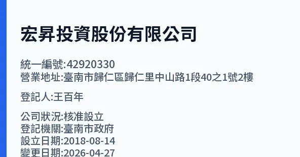宏昇投資股份有限公司的照片-統編 42920330(臺南市) 公司登記資料與營業項目詳細圖表