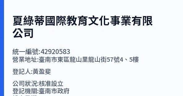 夏綠蒂國際教育文化事業有限公司的照片-統編 42920583(臺南市) 公司登記資料與營業項目詳細圖表