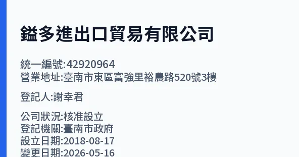 鎰多進出口貿易有限公司的照片-統編 42920964(臺南市) 公司登記資料與營業項目詳細圖表
