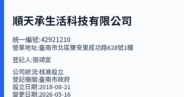 順天承生活科技有限公司的照片-統編 42921210(臺南市) 公司登記資料與營業項目詳細圖表