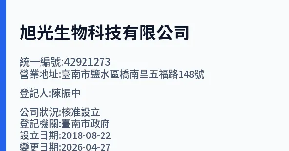 旭光生物科技有限公司的照片-統編 42921273(臺南市) 公司登記資料與營業項目詳細圖表