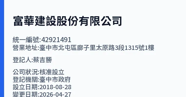 富華建設股份有限公司的照片-統編 42921491(臺中市) 公司登記資料與營業項目詳細圖表