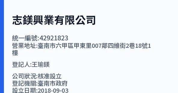 志鎂興業有限公司的照片-統編 42921823(臺南市) 公司登記資料與營業項目詳細圖表