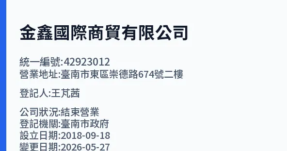 金鑫國際商貿有限公司的照片-統編 42923012(臺南市) 公司登記資料與營業項目詳細圖表