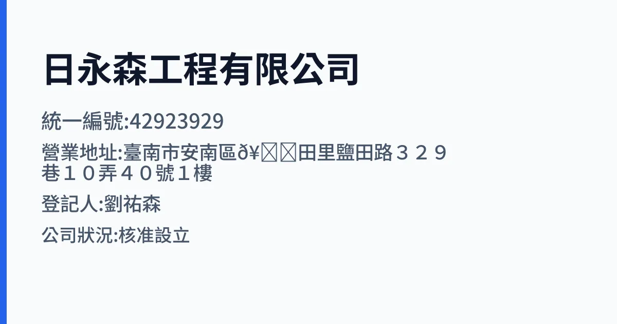 日永森工程有限公司 - 統編 42923929(臺南市) 公司登記資料與營業項目詳細圖表