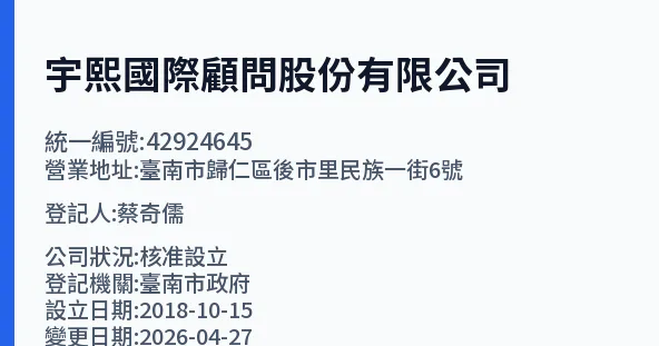 宇熙國際顧問股份有限公司的照片-統編 42924645(臺南市) 公司登記資料與營業項目詳細圖表