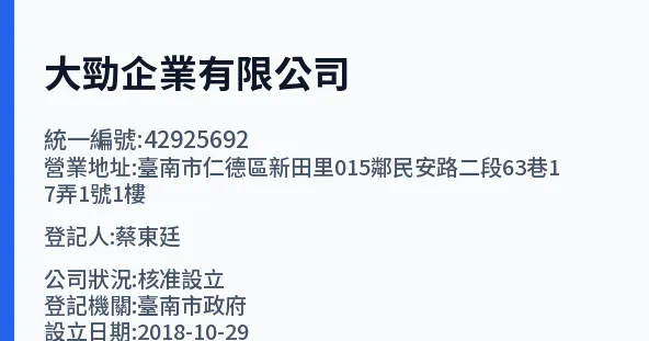 大勁企業有限公司的照片-統編 42925692(臺南市) 公司登記資料與營業項目詳細圖表