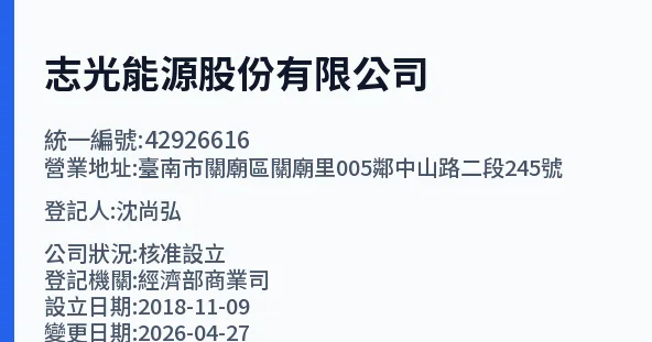 志光能源股份有限公司的照片-統編 42926616(臺南市) 公司登記資料與營業項目詳細圖表