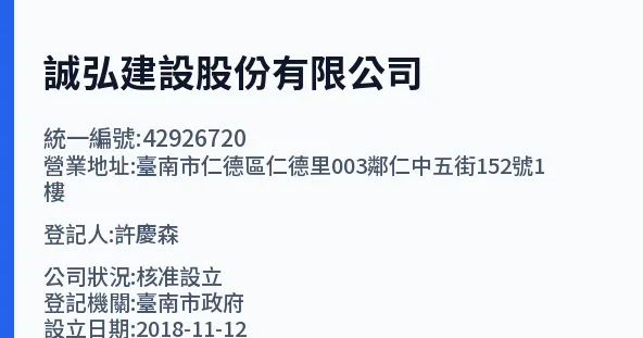 誠弘建設股份有限公司的照片-統編 42926720(臺南市) 公司登記資料與營業項目詳細圖表