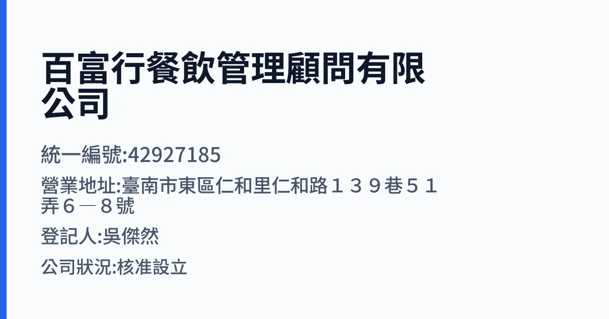 百富行餐飲管理顧問有限公司 - 統編 42927185(臺南市) 公司登記資料與營業項目詳細圖表