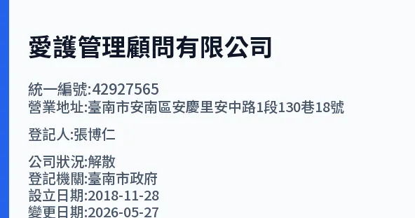 愛護管理顧問有限公司的照片-統編 42927565(臺南市) 公司登記資料與營業項目詳細圖表