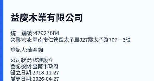 益慶木業有限公司的照片-統編 42927684(臺南市) 公司登記資料與營業項目詳細圖表