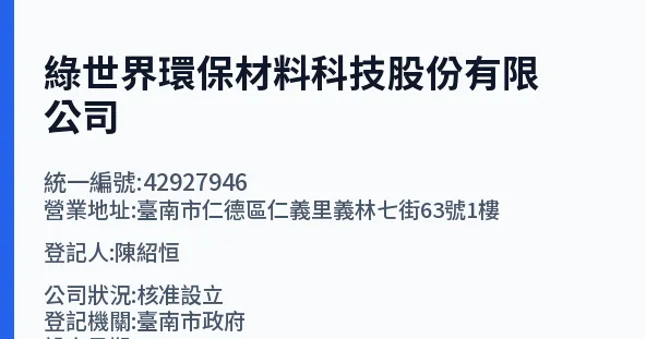 綠世界環保材料科技股份有限公司的照片-統編 42927946(臺南市) 公司登記資料與營業項目詳細圖表
