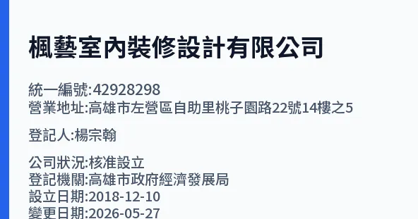 楓藝室內裝修設計有限公司的照片-統編 42928298(高雄市) 公司登記資料與營業項目詳細圖表