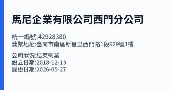馬尼企業有限公司西門分公司的照片-統編 42928380(臺南市) 公司登記資料與營業項目詳細圖表
