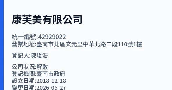 康芙美有限公司的照片-統編 42929022(臺南市) 公司登記資料與營業項目詳細圖表
