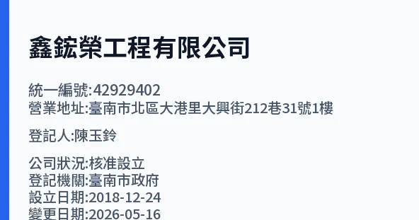鑫鋐榮工程有限公司的照片-統編 42929402(臺南市) 公司登記資料與營業項目詳細圖表