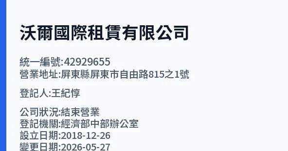 沃爾國際租賃有限公司的照片-統編 42929655(屏東縣) 公司登記資料與營業項目詳細圖表