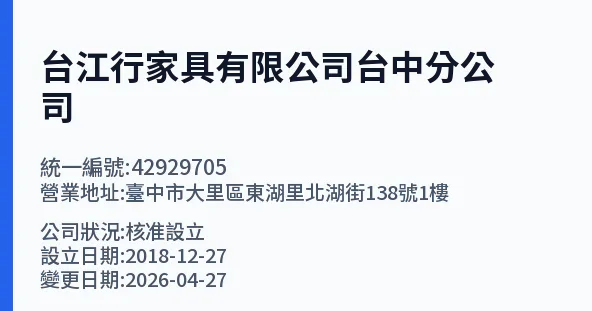 台江行家具有限公司台中分公司的照片-統編 42929705(臺中市) 公司登記資料與營業項目詳細圖表