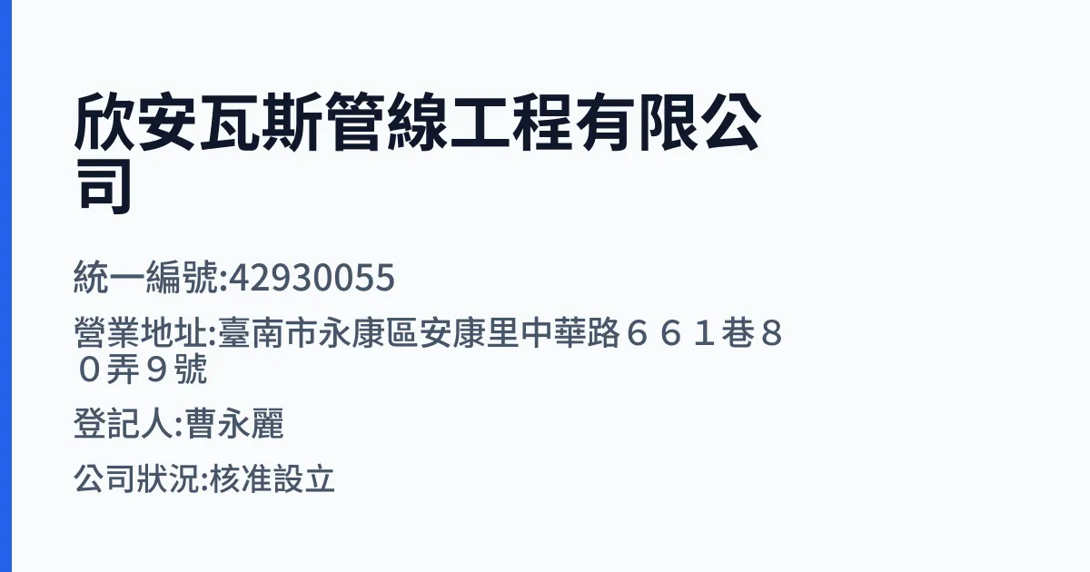 欣安瓦斯管線工程有限公司 - 統編 42930055(臺南市) 公司登記資料與營業項目詳細圖表