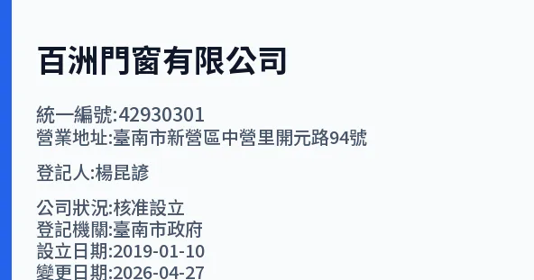 百洲門窗有限公司的照片-統編 42930301(臺南市) 公司登記資料與營業項目詳細圖表