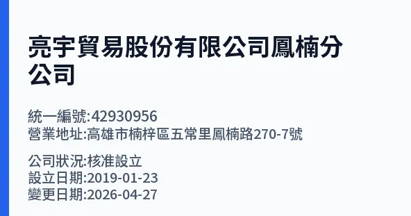 亮宇貿易股份有限公司鳳楠分公司的照片-統編 42930956(高雄市) 公司登記資料與營業項目詳細圖表