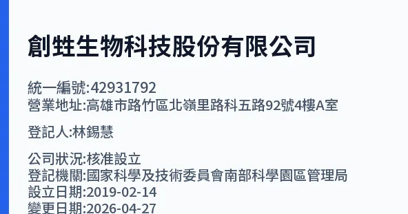 創甡生物科技股份有限公司的照片-統編 42931792(高雄市) 公司登記資料與營業項目詳細圖表