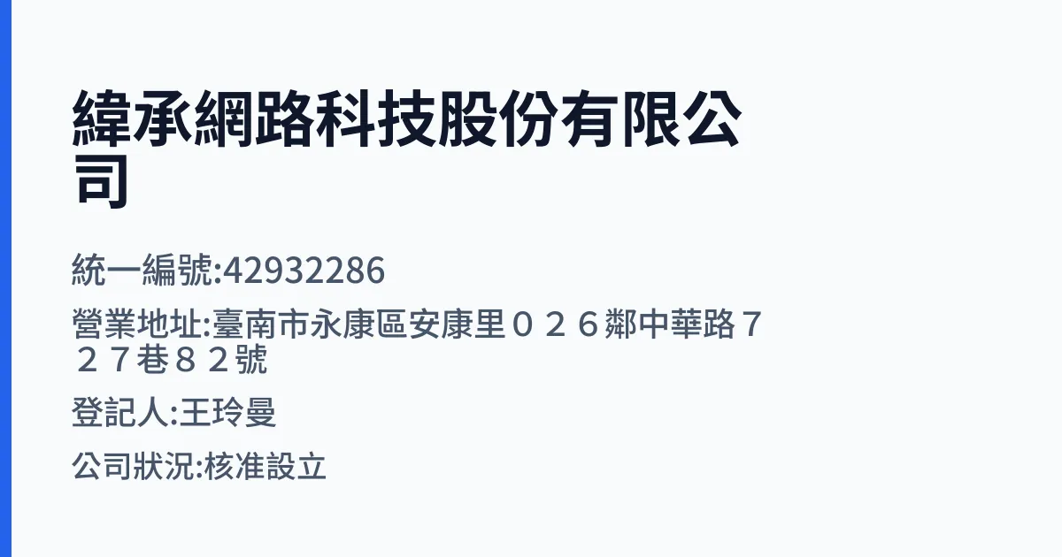 緯承網路科技股份有限公司 - 統編 42932286(臺南市) 公司登記資料與營業項目詳細圖表