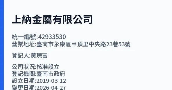 上納金屬有限公司的照片-統編 42933530(臺南市) 公司登記資料與營業項目詳細圖表