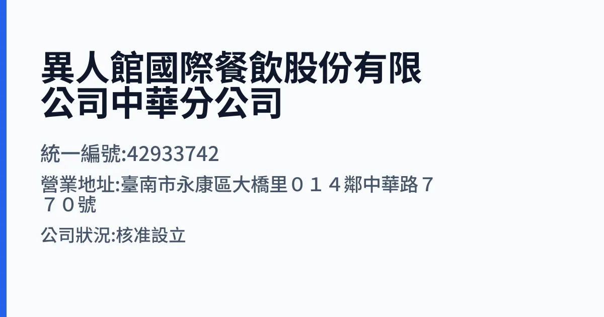 異人館國際餐飲股份有限公司中華分公司 - 統編 42933742(臺南市) 公司登記資料與營業項目詳細圖表