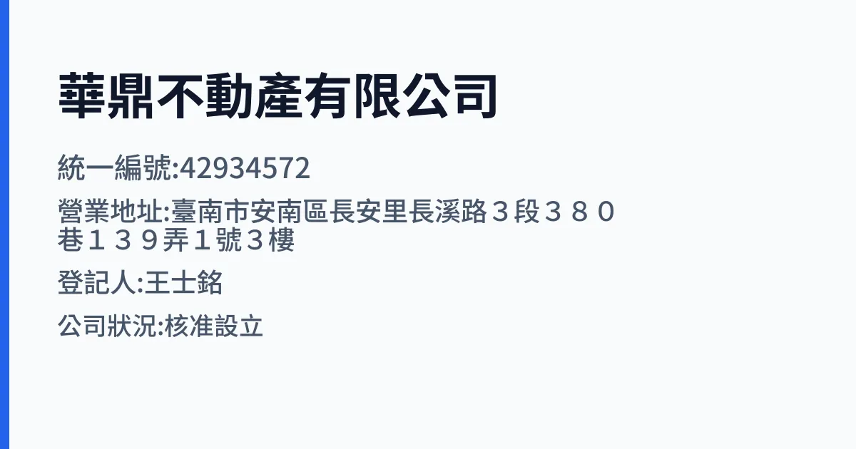華鼎不動產有限公司 - 統編 42934572(臺南市) 公司登記資料與營業項目詳細圖表