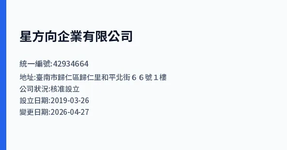 星方向企業有限公司的照片-統編 42934664(臺南市) 公司登記資料與營業項目詳細圖表