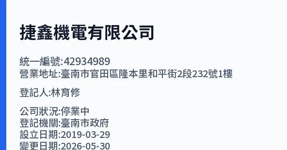 捷鑫機電有限公司的照片-統編 42934989(臺南市) 公司登記資料與營業項目詳細圖表