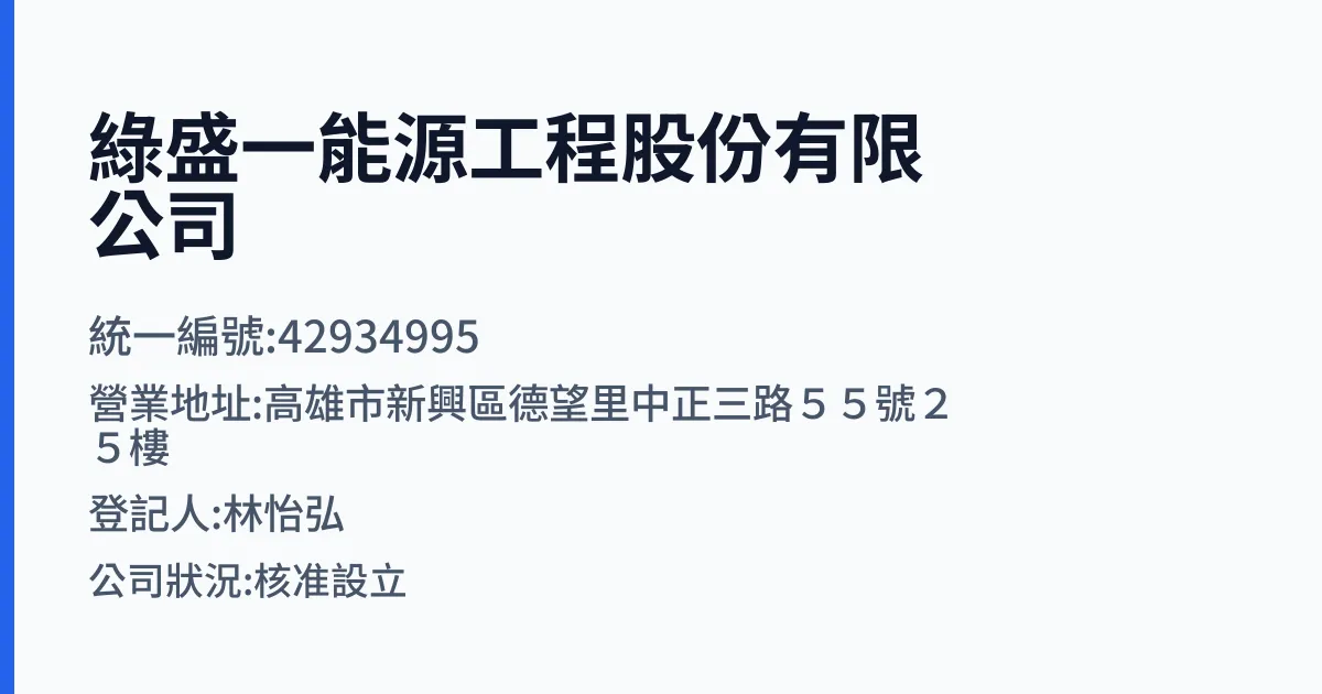 綠盛一能源工程股份有限公司 - 統編 42934995(高雄市) 公司登記資料與營業項目詳細圖表
