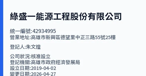 綠盛一能源工程股份有限公司的照片-統編 42934995(高雄市) 公司登記資料與營業項目詳細圖表