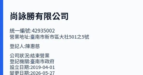 尚詠勝有限公司的照片-統編 42935002(臺南市) 公司登記資料與營業項目詳細圖表