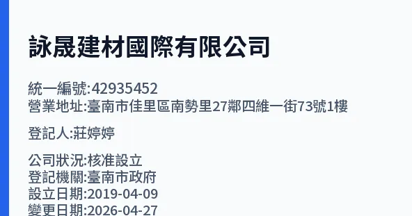 詠晟建材國際有限公司的照片-統編 42935452(臺南市) 公司登記資料與營業項目詳細圖表